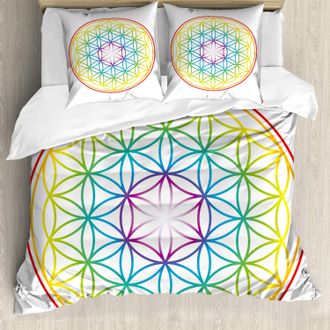 Abakuhaus Bunt Bettbezug Set, Leuchtende Blume des Lebens, Milbensicher Allergiker geeignet mit Kissenbezügen, 200 cm x 200 cm - 80 x 80 cm, Mehrfarbig