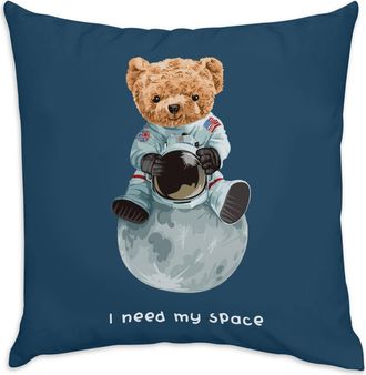 Fabulous Kissenhülle, Velours, blau, I Need My Space, handgefertigt, Malerei, Tiermotiv, Bär, Astronaut, 40 x 40 cm, samtig