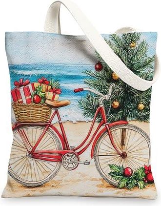 Generic Sac fourre-tout en toile pour faire du shopping avec inscription Merry Christmas Beach Bicycle 33 x 38 cm, sac d&eacute;picerie r&eacute;utilisable pour femme, vaca