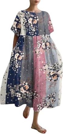 FNKDOR Robes Coton et Lin Vintage Imprimé Floral Bohème Robe de Plage Col Rond Robes Décontractée à Manches Courtes Grande Taille A-Line Robe Dété Casual Rob