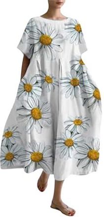 FNKDOR Robes Casual Vintage Imprimé Floral Bohème Robe de Plage Col Rond Robes Décontractée à Manches Courtes Grande Taille Lâché Midi Robe Dété Plissée A-Li