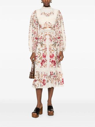 Farm Rio Floral Crochet-Smocked Cotton Day Dress - Beige