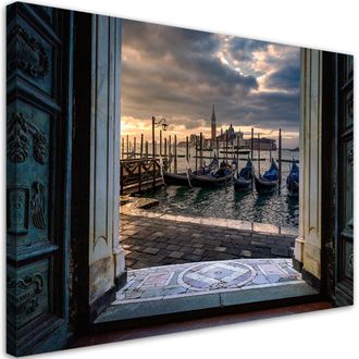 Feeby Bild auf Leinwand - Wandbilder Wohnzimmer Aesthetic - Blick auf Venedig und die Gondeln - 90x60 1tlg - Schlafzimmer Wandekoration - Bilder Zimmer - Li