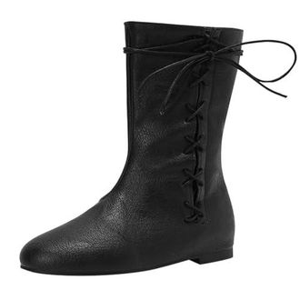 Generic Bottines pour femme, talon bloc bas, bottes m&eacute;di&eacute;vales avec sangle crois&eacute;e vintage pour cosplay, bottes courtes en cuir synth&eacute;tique avec dentelle plat