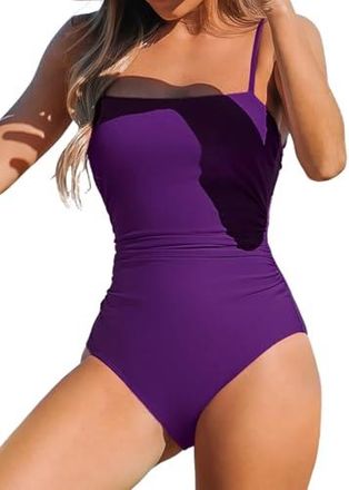 Cupshe Maillot de bain une pièce pour femme, col carré, découpe dans le dos, gainant au niveau du ventre avec bretelles fines réglables, Aubergine, Taille L