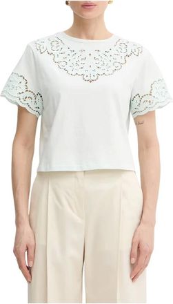 Twinset Femme, Tops, Bleu, Taille: 40 FR T-shirt &agrave; col rond avec manches courtes et broderies effet dentelle