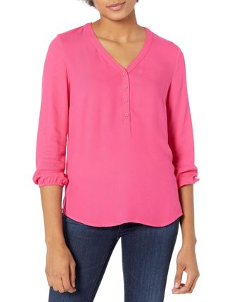 Amazon Essentials Damen Popover-Shirt Mit 3/4-Ärmeln Und Knöpfen, Locker Sitzende Bluse Mit V-Ausschnitt, Intensive Rosa, S