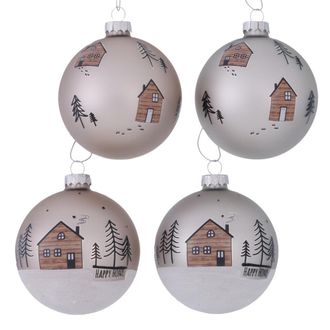 B&B 4 STK Glas Weihnachtskugeln Homewood Häuser 8CM Creme Silber braun Haus Design b940 Christbaumschmuck Weihnachtsschmuck Anhänger Weihnachtsdeko Christ