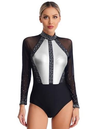 TiaoBug Femme Strass Justaucorps de Gymnastique Danse Classique Ballet Patinage &agrave; Manche Longue Col Haut Body Bodysuit Jumpsuit Combinaison Sport Yoga Dancewe