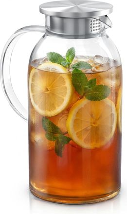 Arendo Glaskaraffe mit Deckel aus Edelstahl - Karaffe aus Glas - hitzebest&auml;ndig bis +400&deg;C - 1,8 Liter - Wasserkaraffe Hitze- und k&auml;ltebest&auml;ndig