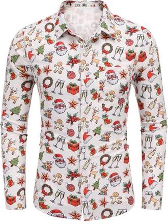 Coofandy Chemise de Noël Homme Manches Longues Christmas Shirt Boutonnée Motif Festif Holiday Shirt Cadeau Blanc 3XL