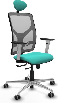 Piqueras y Crespo B&uuml;rostuhl mit hoher R&uuml;ckenlehne, mit wei&szlig;en und schwarzen Armlehnen, h&ouml;henverstellbare Lendenwirbelst&uuml;tze und festes Kopfteil, Grau/T&uuml;rkis