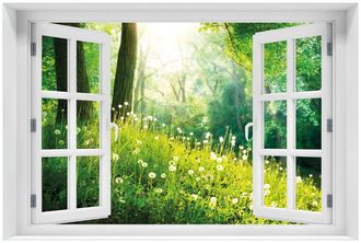 Wallario Poster - Pusteblumen im Wald mit einfallenden Sonnenstrahlen in Premiumqualität, Größe: 61 x 91,5 cm mit Fenster-Illusion (Maxiposter)