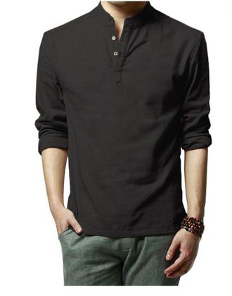 Hoerev Marke Men Casual Langarm-Leinen Shirts Strand-Hemden- Gr. XXL Brust 106-110cm DE54, Farbe: Schwarz