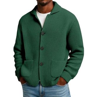 Generic Cardigan en tricot &eacute;pais pour homme avec col en V boutonn&eacute; et col ch&acirc;le gaufr&eacute; en coton tricot&eacute; &agrave; revers &eacute;pais - Pull &agrave; manches longues de couleur uni