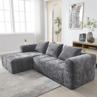 STILVORA Canap&eacute; dAngle Modulable 3 Places avec M&eacute;ridienne et Poches Lat&eacute;rales, 3 Coussins, en ChenilleGris