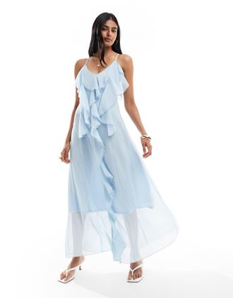 Vero Moda Boho-Tr&auml;gerkleid in Maxil&auml;nge in Blau mit R&uuml;schen