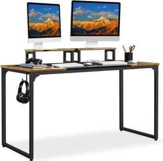 Yaheetech Schreibtisch Computertisch, Arbeitstisch Lerntisch mit 2 Motorhalterung/2 Kabeldurchführungen/1 Kopfhörerhaken, 140 × 60 × 89,5 cm, Rustikales Braun