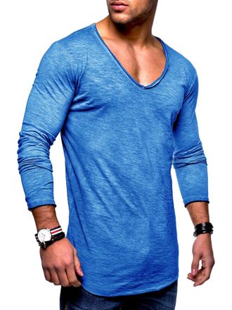 Behype. Herren Oversize Longsleeve Langarm T-Shirt V-Neck Ausschnitt 30-0014 Blau S