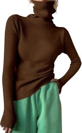 Generic Pull thermique en polaire thermique avec col roul&eacute; pour femme - Pull en tricot c&ocirc;tel&eacute; avec trou pour le pouce - Manches longues - Col montant - Coupe 