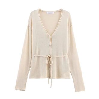 Generic Cardigan en lin tricot&eacute; avec ceinture &agrave; lacets et col en V pour femme, beige, Taille XS