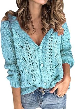 Generic Cardigan en crochet pour femme, cardigan &agrave; manches longues, cardigan court ajour&eacute; de couleur pure, pull en tricot &agrave; simple boutonnage, pull ouvert sur