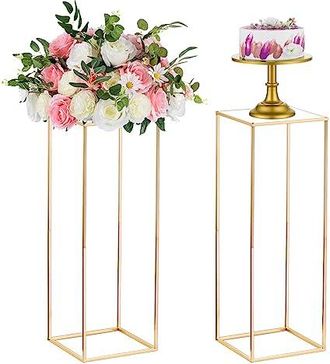 Nuptio 2 Pi&egrave;ces Vases Or pour Centre de Table Mariage, Support Colonne M&eacute;tal 80cm, Pr&eacute;sentoir Fleur G&eacute;om&eacute;trique Rectangulaire pour F&ecirc;te et Maison