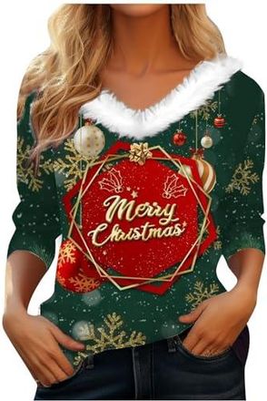 Generic Sweat Shirt Noel Femme Col V De Laine Funny Pull Noel Famille Femme Manches Longues Impression P&egrave;re No&euml;l Vetement No&euml;l Femme Chemise Tendance Hiver Pa