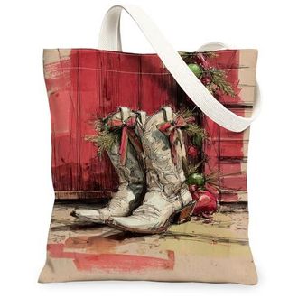 Generic Sacs fourre-tout en toile vintage de No&euml;l, motif rustique de d&eacute;coration de vacances, sacs d&eacute;picerie r&eacute;utilisables, l&eacute;gers et lavables, S, beige, 13x15