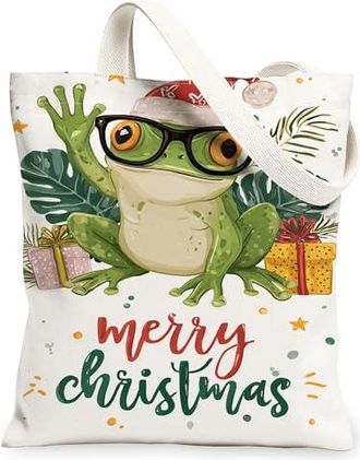 Generic Sac fourre-tout en toile motif amphibien de Noël, sacs de courses réutilisables, légers et lavables avec bandoulière, blanc, 13x15 Inch