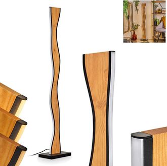 HOFSTEIN LED Stehleuchte Malling, Stehlampe aus Metall/Holz/Kunststoff in Schwarz/Naturfarben/Weiß, Retro/Vintage-Design mit Schirm aus Holz, dimmbar über Fußs