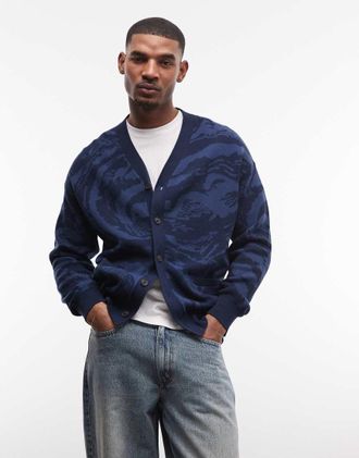 Element Strickjacke in Blau mit Military-Muster und Knopfleiste-Braun