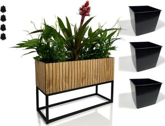 FlexiStyle Pflanzenständer LOFT FIORINO Metall Eiche Holz Lamelle Blumenständer Schwarz Blumentopf mit Beinen Hohe Blumentöpfe Loft Style viele Dimensionen Made 