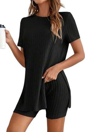 TOMWELL Survetement Femme Col Rond 2 Pièces Ensemble Manches Courtes Décontracté Loungewear Sportswear Deux Pièces A Noir XL