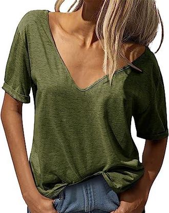 Generic T-Shirts Et Tops De Sport Femme Grandes Tailles, Haut Ete DéColleté en V Profond-Tunique Femme Chic Et Elegant LâChe LéGer Et Respirant Chemises Loisi