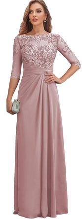 Huini Damen Chiffon Brautmutterkleider Lange Abendkleider Elegant f&uuml;r Hochzeit Spitze Langes Abendkleid mit &Auml;rmeln Korsett Abendkleid Staubrosa 42