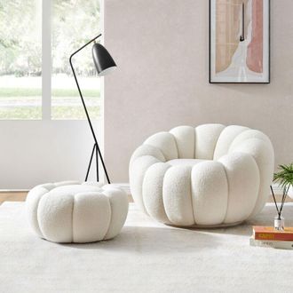 M&S Collection M&s - Fauteuil coquillage + pouf en tissu bouclette blanc - sherpa