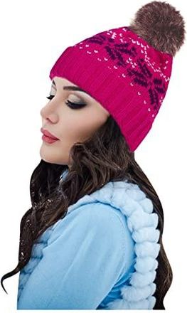 Generic Chapeau de flocon de neige tricot&eacute; chapeau de No&euml;l &agrave; pompons fuzzy chapeau imitation laine chaude casquettes de baseball grande, Rose, taille unique
