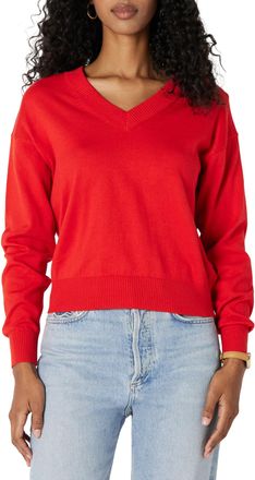 Amazon Essentials Damen Leichter, Kurz Geschnittener Relaxed-Fit-Pullover mit V-Ausschnitt, Kräftiges Mohnrot, XXS