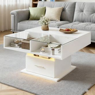Generic Höhenverstellbarer Couchtisch mit LED-Beleuchtung & Lift-Mechanismus | Hochglanz-Sideboard mit flexiblem Stauraum | Moderner Wohnzimmertisch für Büro 