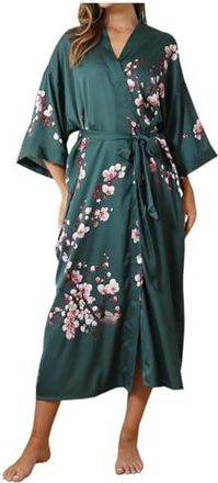Generic Peignoir kimono luxueux en satin floral pour femme, sensation de fraîcheur, manches 3/4, vêtements de nuit, Vert, Taille unique