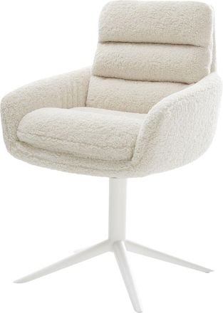 DELIFE Esszimmerstuhl Abelia-Flex mit Armlehnen Fu&szlig;kreuz Wei&szlig; Teddystoff Beige 360&deg; drehbar Wippfunktion