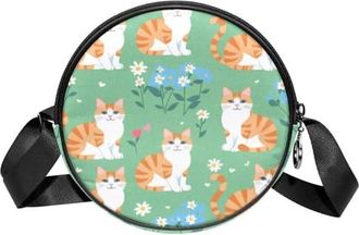 Generic Sac &agrave; bandouli&egrave;re rond pour femme, motif chats et marguerites, sac &agrave; dos avec fermeture &eacute;clair, bretelles r&eacute;glables, sac &agrave; main rond d&eacute;contract&eacute; pour 