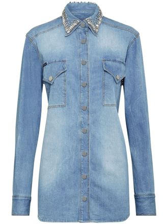 Philipp Plein chemise en jean &agrave; ornements en cristal - Bleu