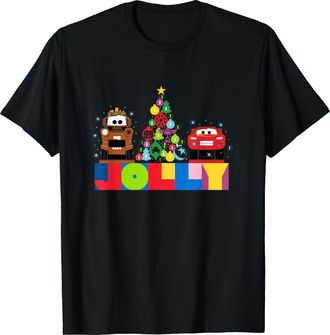 Pixar Cars Mater und McQueen Jolly Holiday T-Shirt für Erwachsene und Kinder, Schwarz, Kurzarm, Crew-Neck, Klein, Unisex