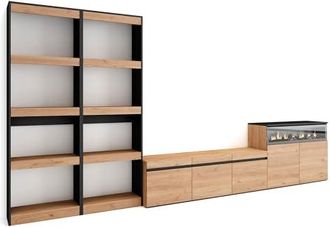Skraut Home | Wohnwand Wohnzimmer | Wohnzimmerm&ouml;bel, M&ouml;belset | 370x186x35cm | F&uuml;r TV-Ger&auml;te bis zu 65 | Elektrokamin. | Moderner Stil | Eiche Schwarz