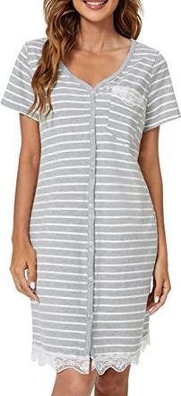 Heekpek heekpek Chemise de Nuit Femme Nuisette Coton Manches Courtes Robe de Nuit Bouton Ouvert Devant Dentelle V&ecirc;tements de Nuit, ray&eacute; Gris, Taille XL