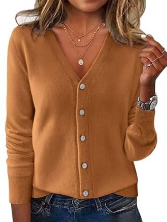 Minetom Cardigan Femme Gilet avec Boutons Et Col en V Léger Et Elégant Manches Longues Veste Tricot A Marron Clair XL
