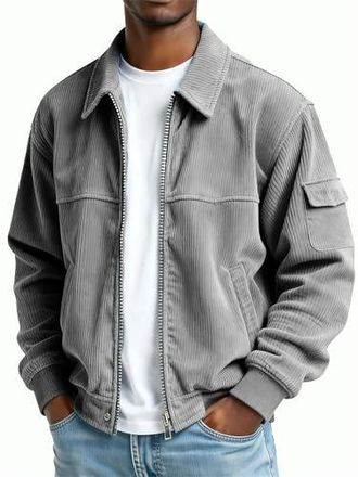 Generic Veste d&eacute;contract&eacute;e en velours c&ocirc;tel&eacute; pour homme - Veste l&eacute;g&egrave;re &agrave; manches longues et col zipp&eacute; avec poches, gris, 4XL