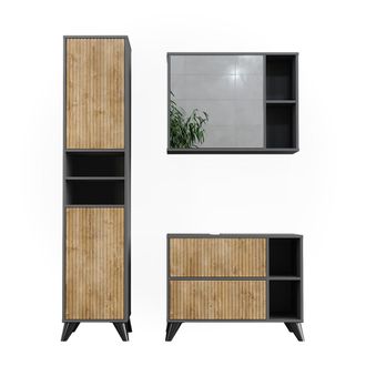Vicco Badm&ouml;bel-Set Anthrazit/Bergeiche Leano, bestehend aus Bad Spiegelschrank, Waschbeckenunterschrank, Hochschrank - Viel Stauraum Oben und unten